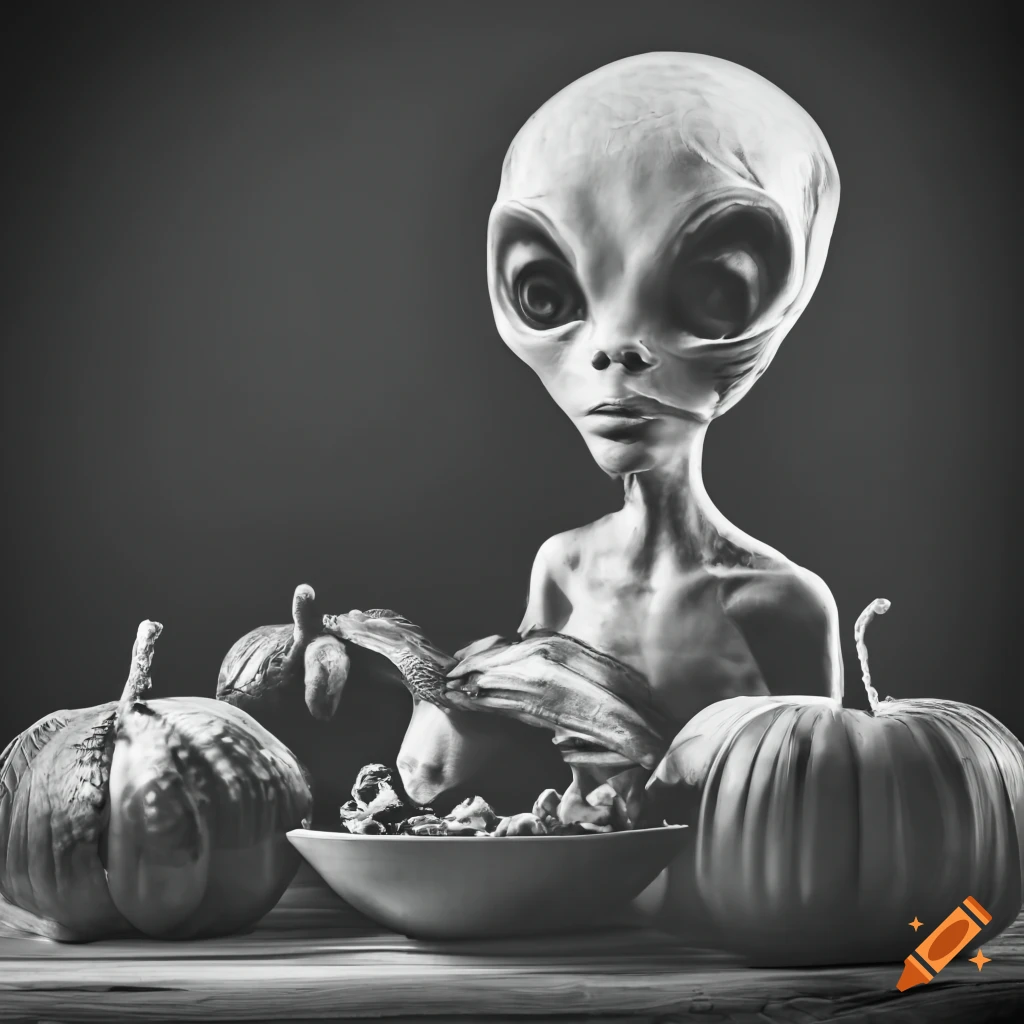 Black and white image of an alien with a turkey on a table on Craiyon