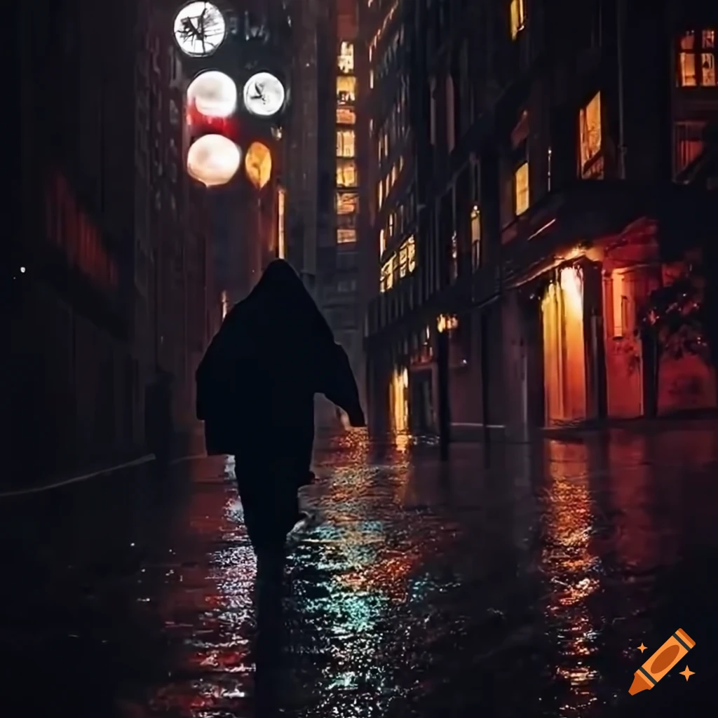 Man walking in rainy new york city at night on Craiyon