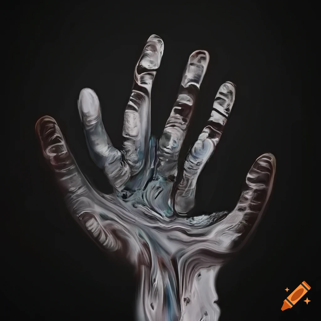 Abstract acrylic painting of a distorted hand on Craiyon