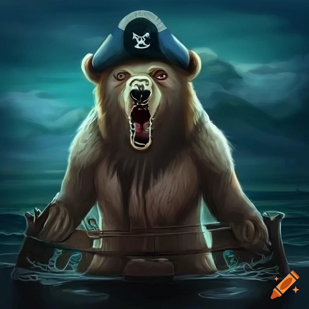 Illustration of a bear pirate steering a ship