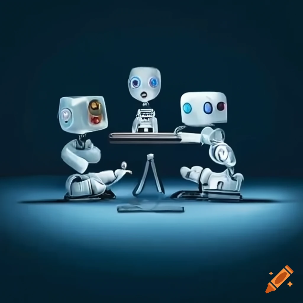 Robots having a meeting and drawing on a conference table