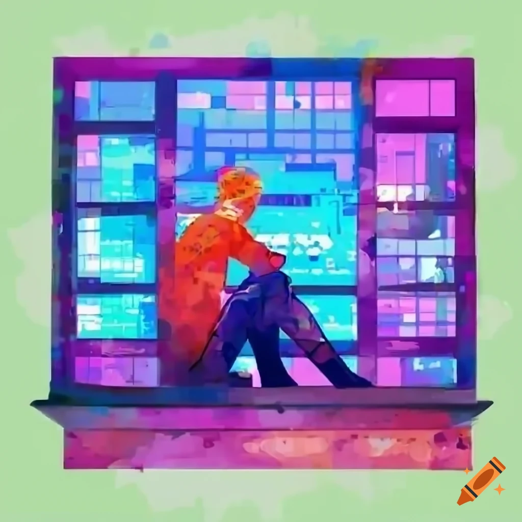 Cyberpunk anime art of a man sitting on a window sill on Craiyon