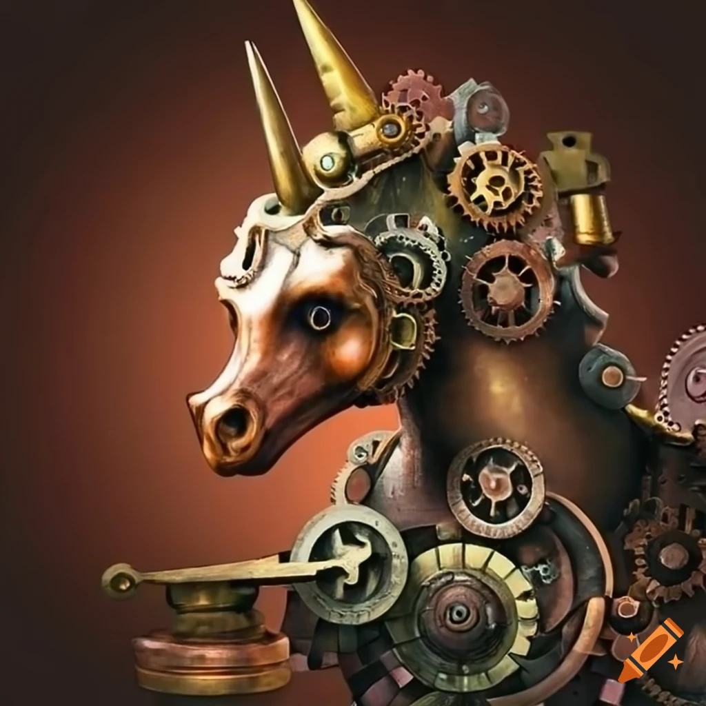 Steampunk unicorn sculpture with gears on Craiyon