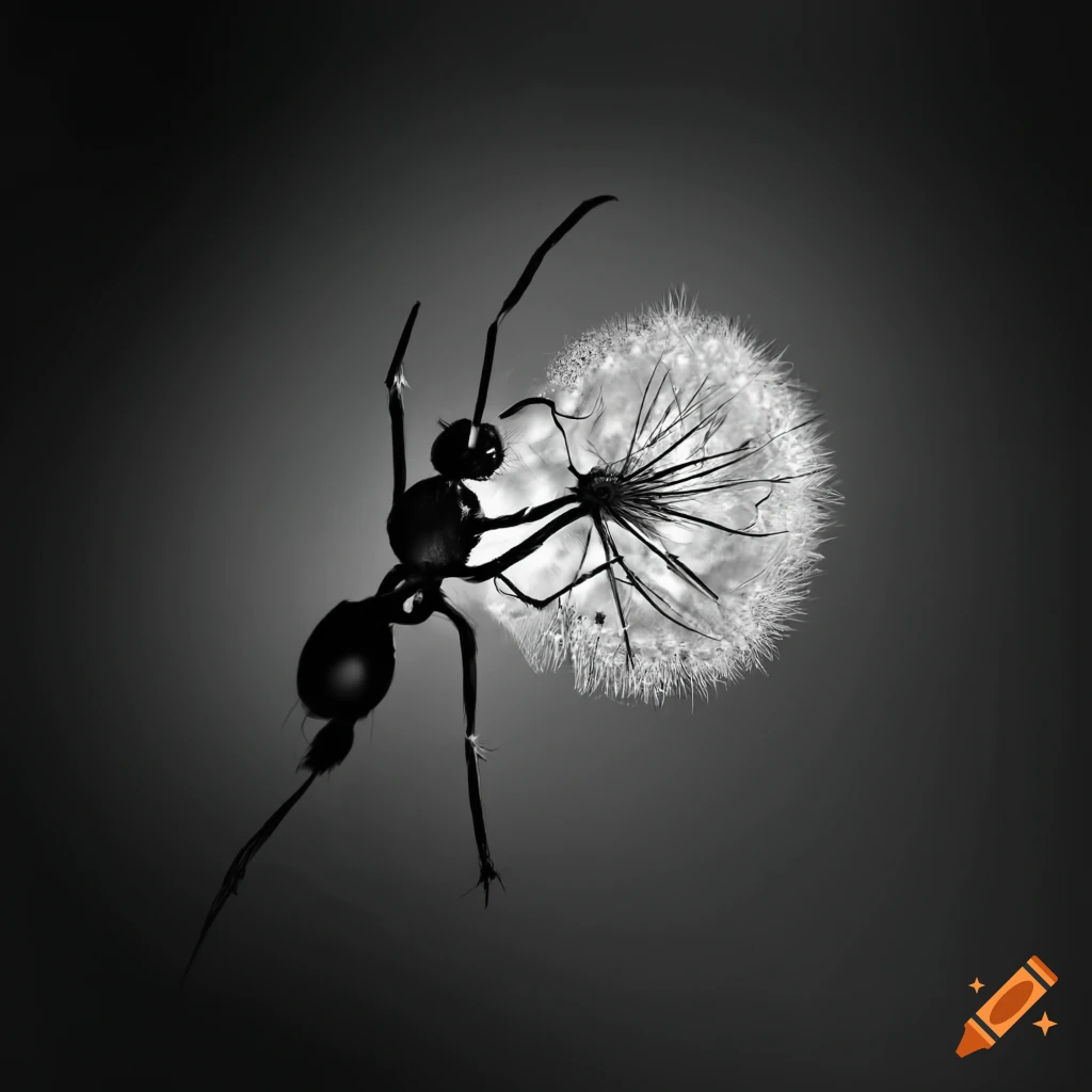 Black and white drawing of a flying ant carried by a dandelion