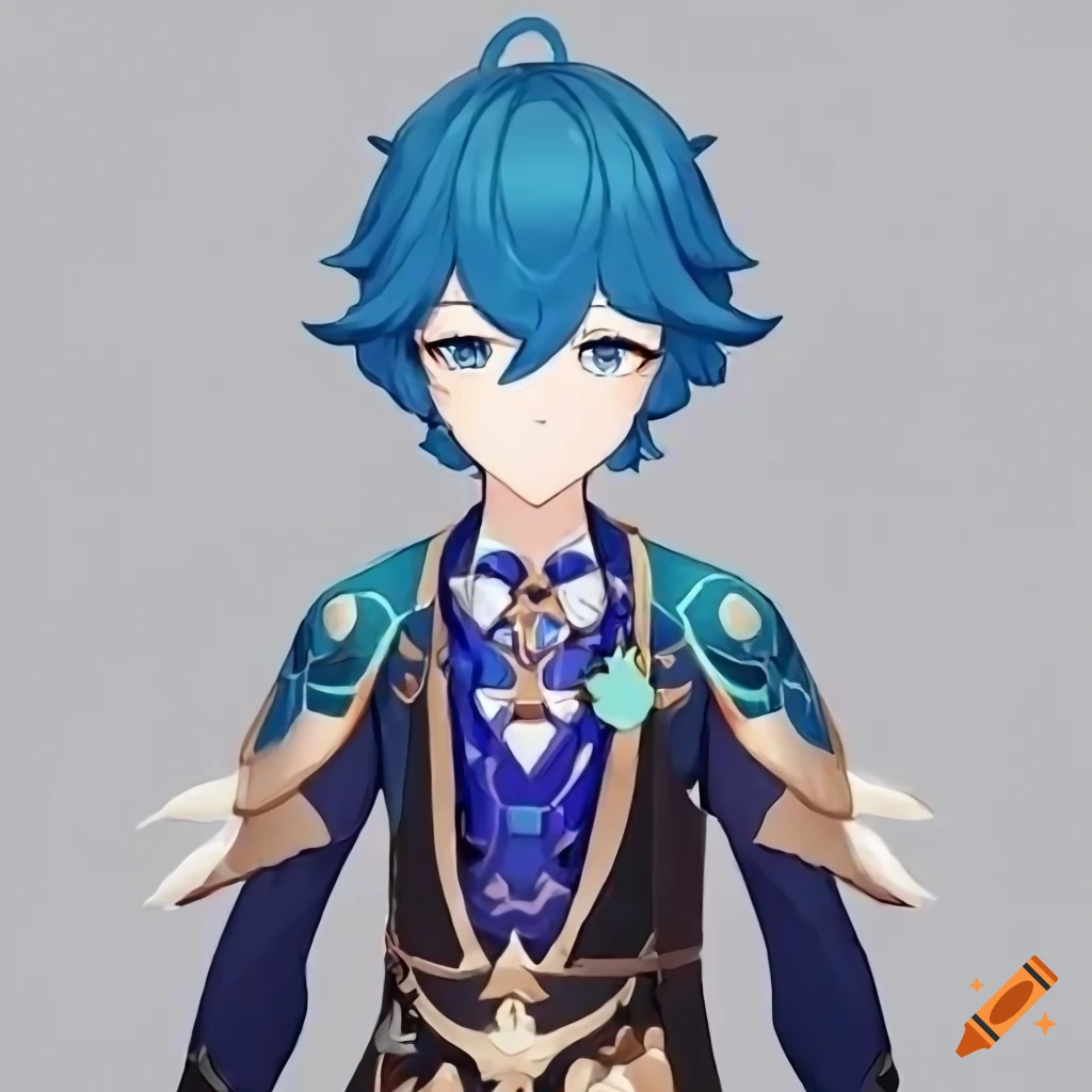 Reference sheet of a young boy character from genshin impact on Craiyon