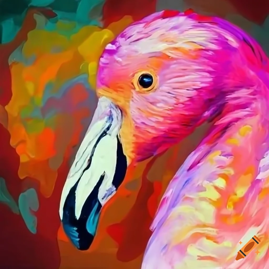 Colorful painting of a flamingo in motion on Craiyon