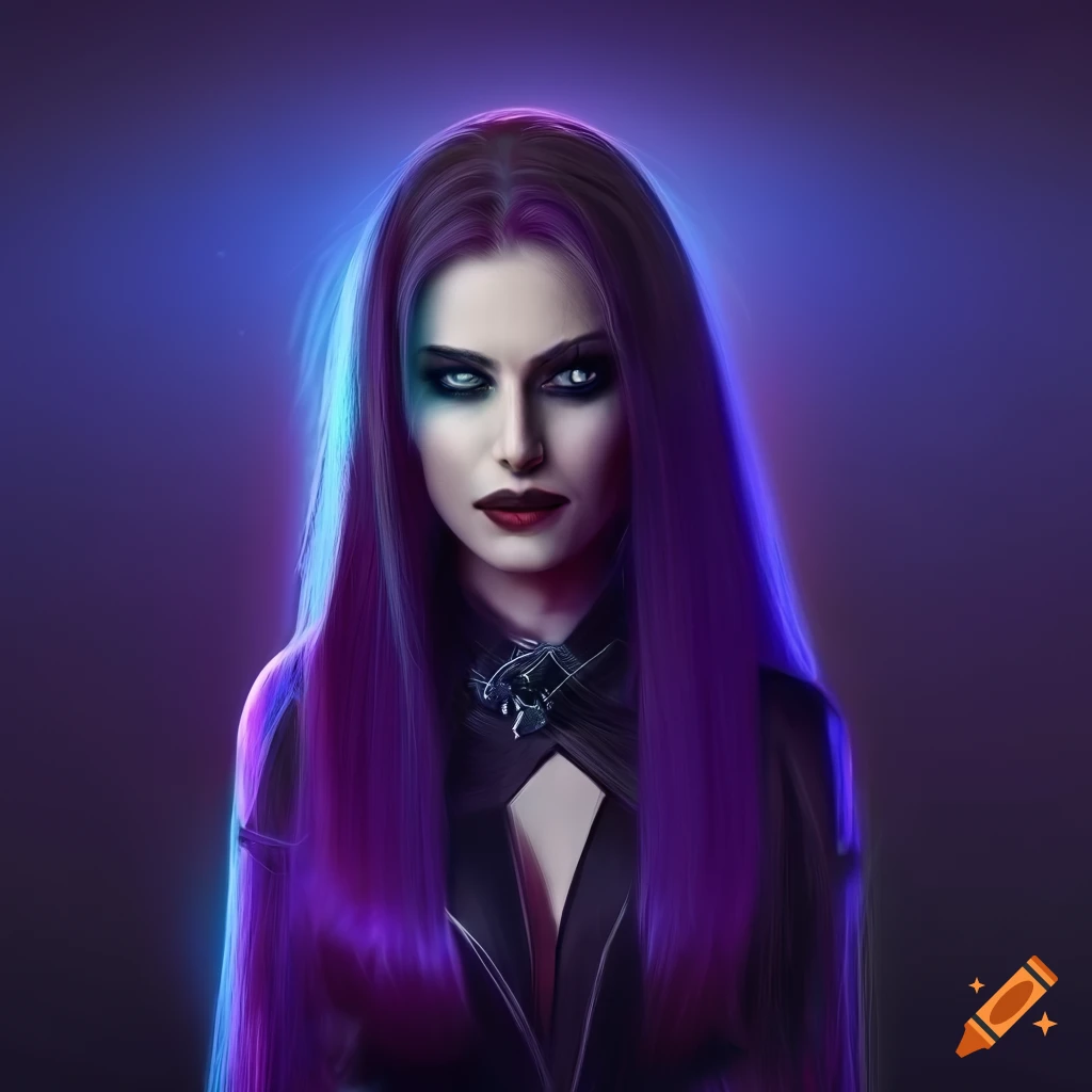 Portrait of a stunning vampire woman with long purple hair on Craiyon