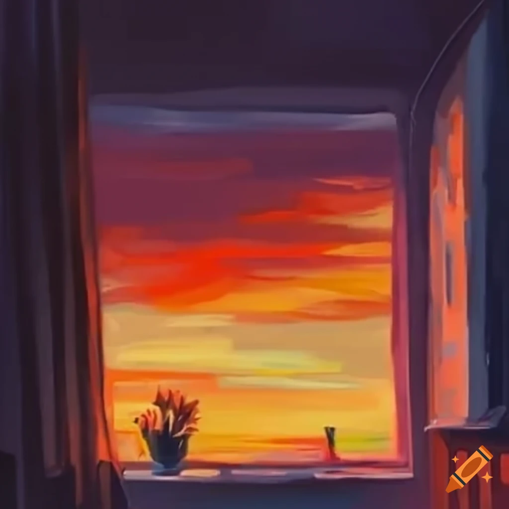 Lofi sunset seen through window of cozy apartment