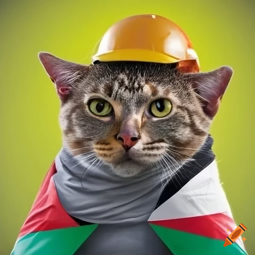 Cat wearing palestinian flag shirt and yellow safety helmet on Craiyon