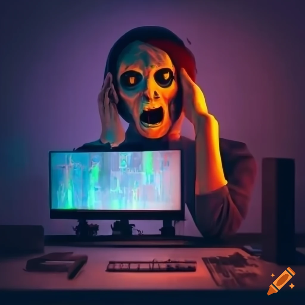 Halloween-themed office with worker analyzing data on Craiyon