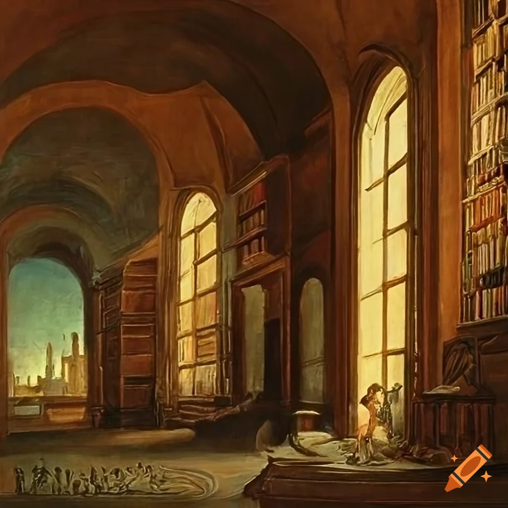 Inspired oil painting of a library with floating music instruments on ...