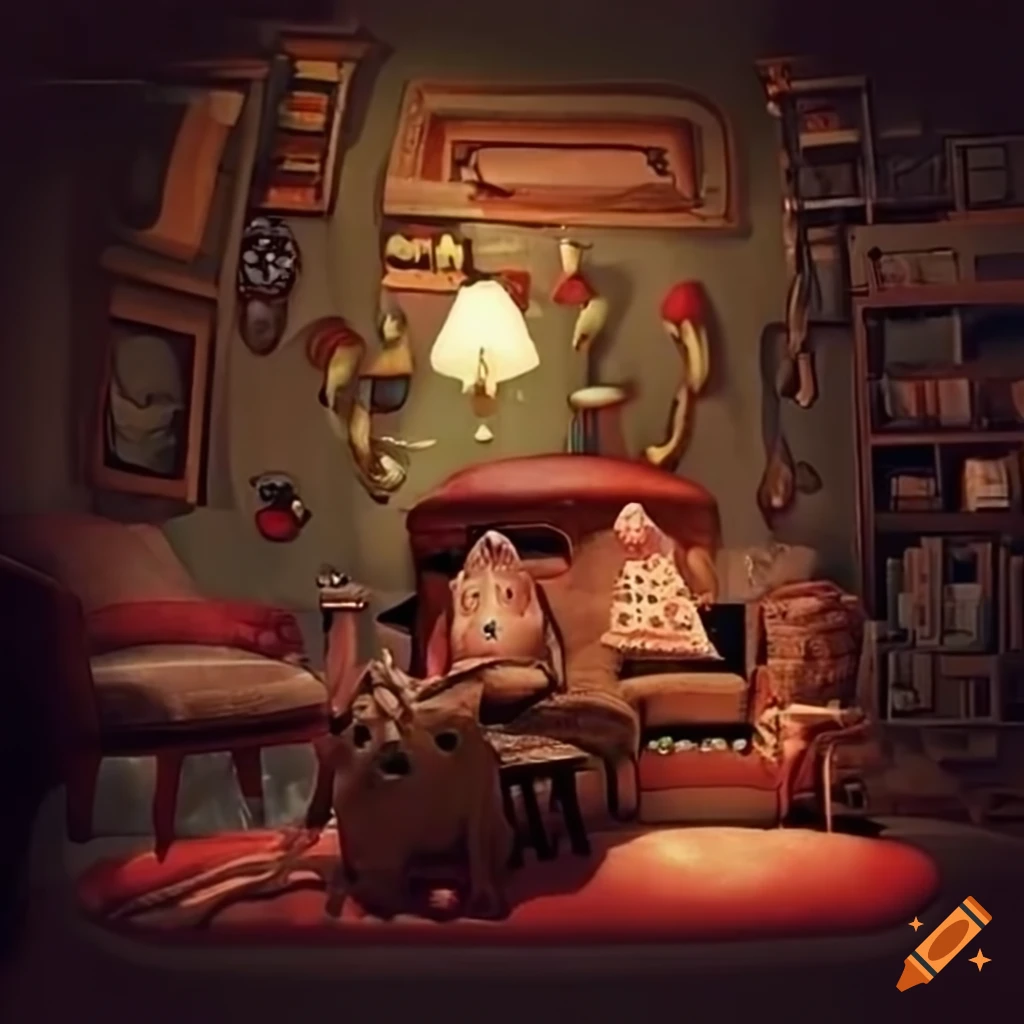 Old drawing of dark living room by studio ghibli on Craiyon