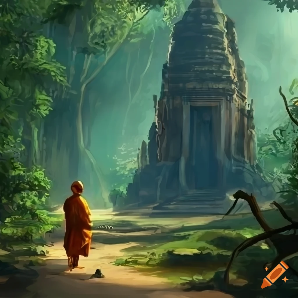 Concept art of a monk walking in a southeast asian jungle on Craiyon