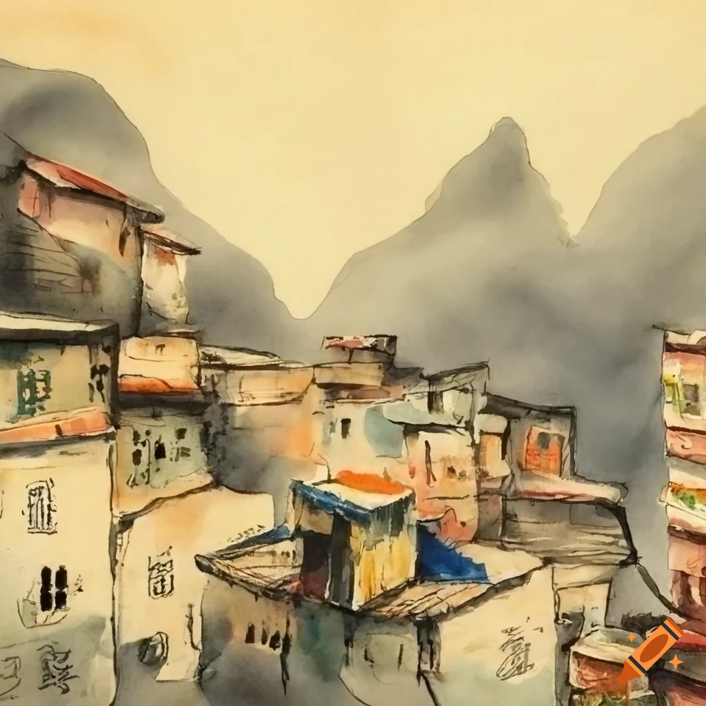 Ink painting of favela da rocinha in rio de janeiro