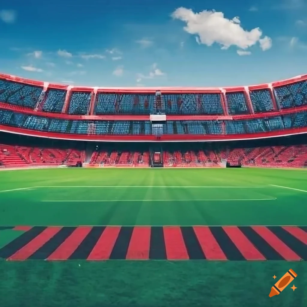 A soccer stadium with black and red seats