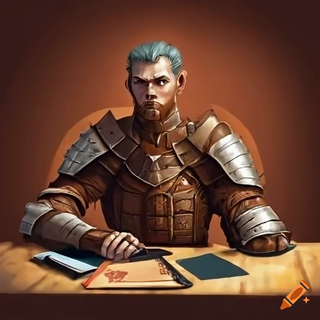 Illustration of a human male rogue in brown leather armor sitting at a ...