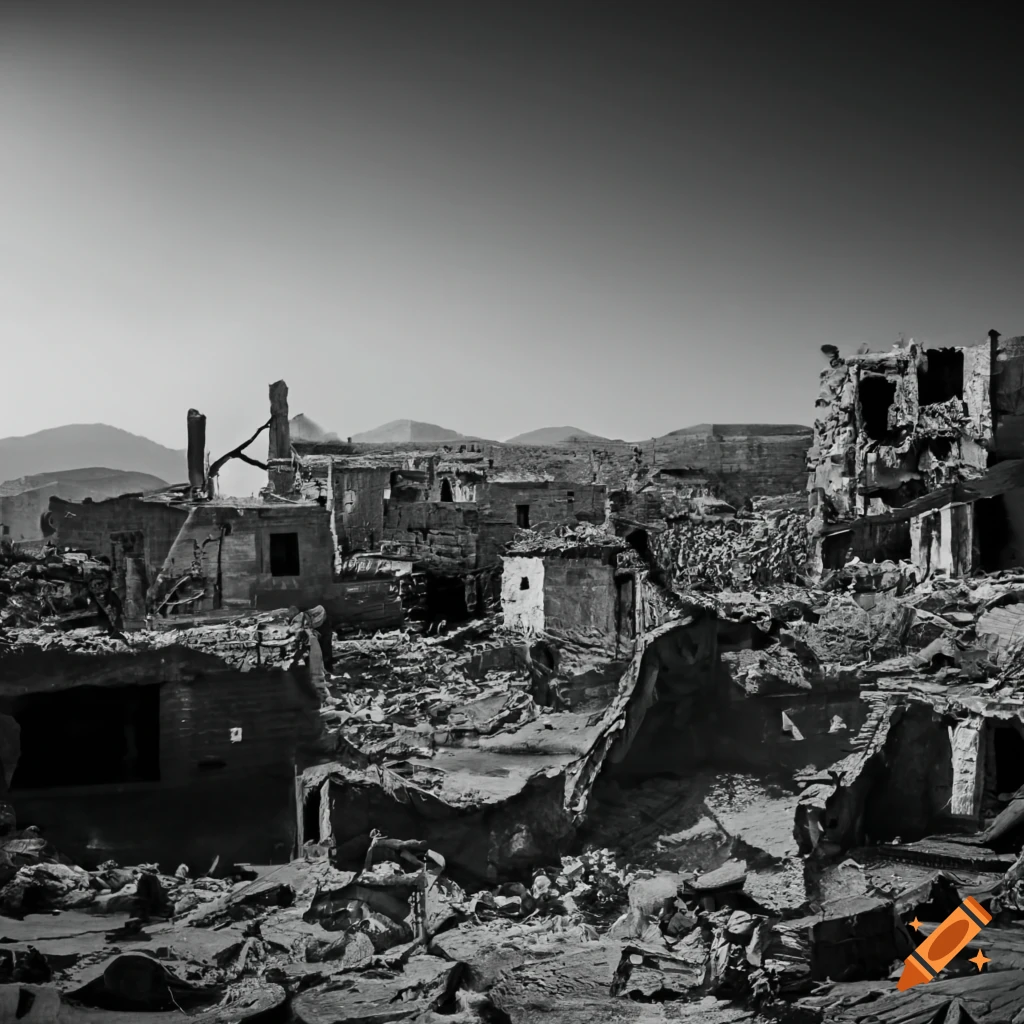 Photograph of a devastated Arab village with an olive tree in the ...