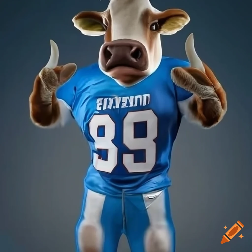 Hyper realistic cow football mascot with jersey number 27 on Craiyon