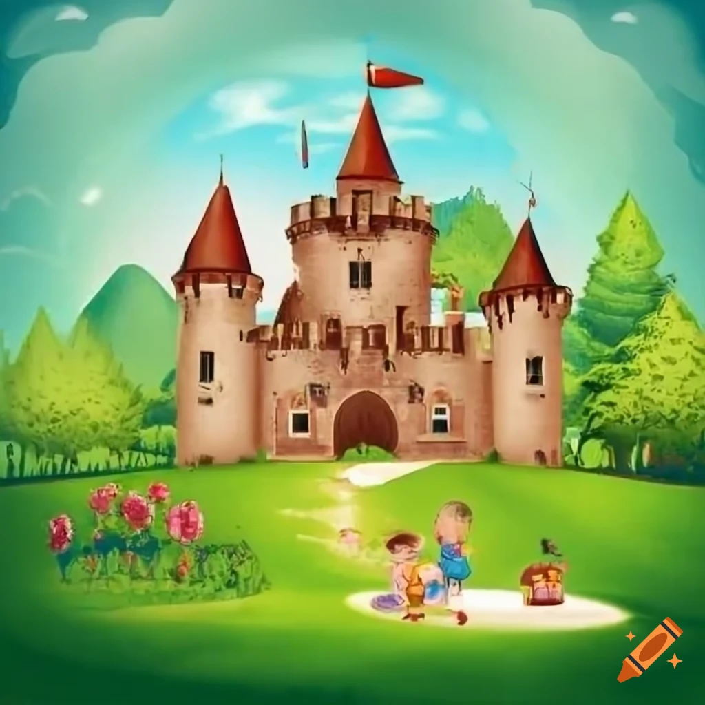 Castle with a garden and children playing on Craiyon