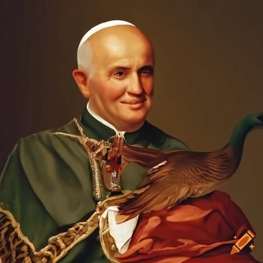 Satirical image of Pope John Paul II dancing with a goose on Craiyon