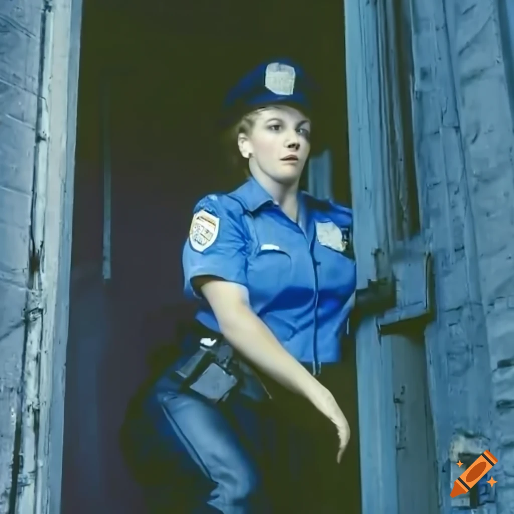 Close-up of a policewoman peeking through a door on Craiyon