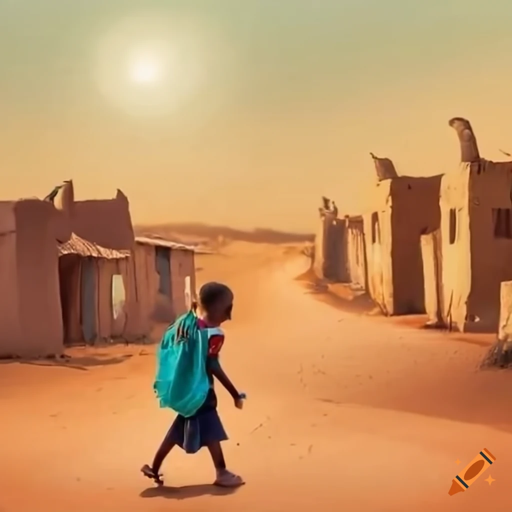African child walking in a desert village on Craiyon