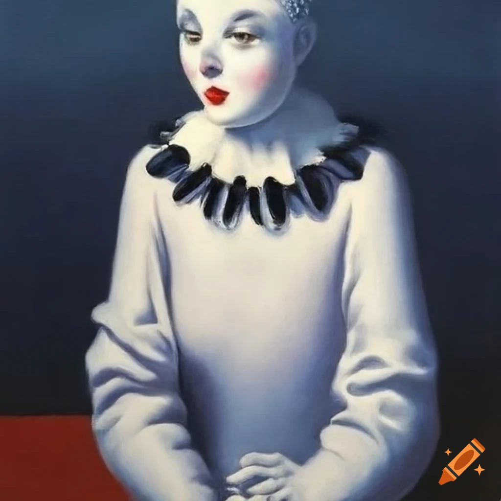 Painting of a female pierrot by Rene Magritte on Craiyon
