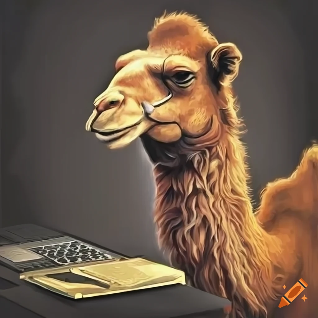 Illustration of a camel working on a computer on Craiyon