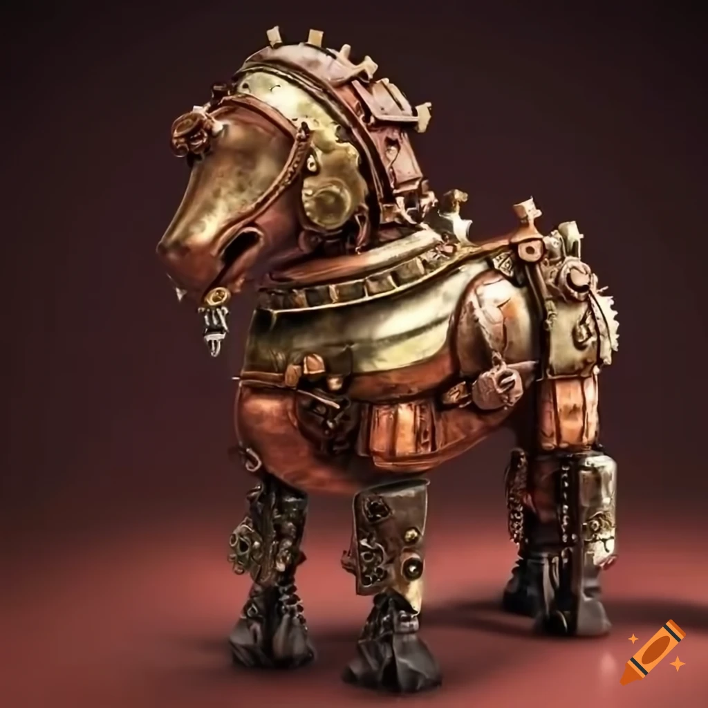 Copper and brass steampunk troyan horse with gears on Craiyon