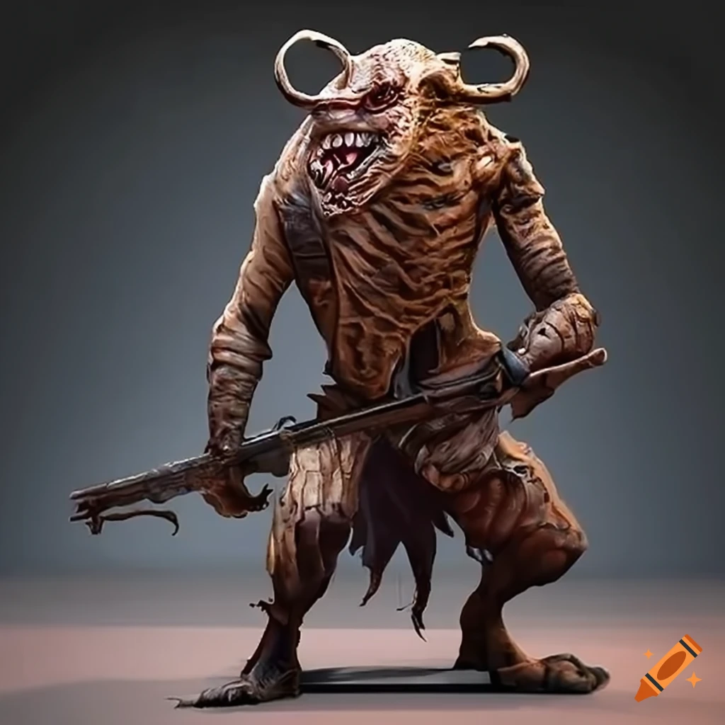 Image of a hand-crafted creature holding a gun on Craiyon