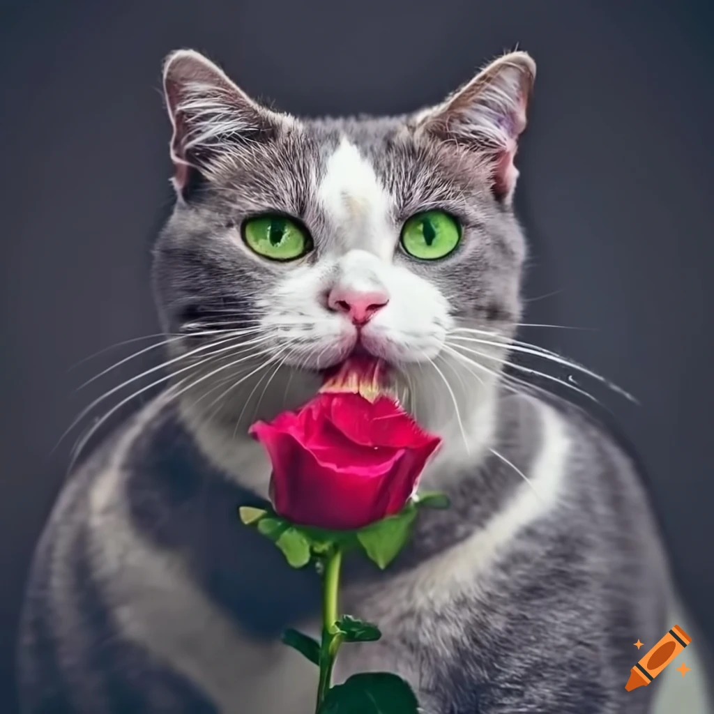 Gray and white cat holding a rose on Craiyon