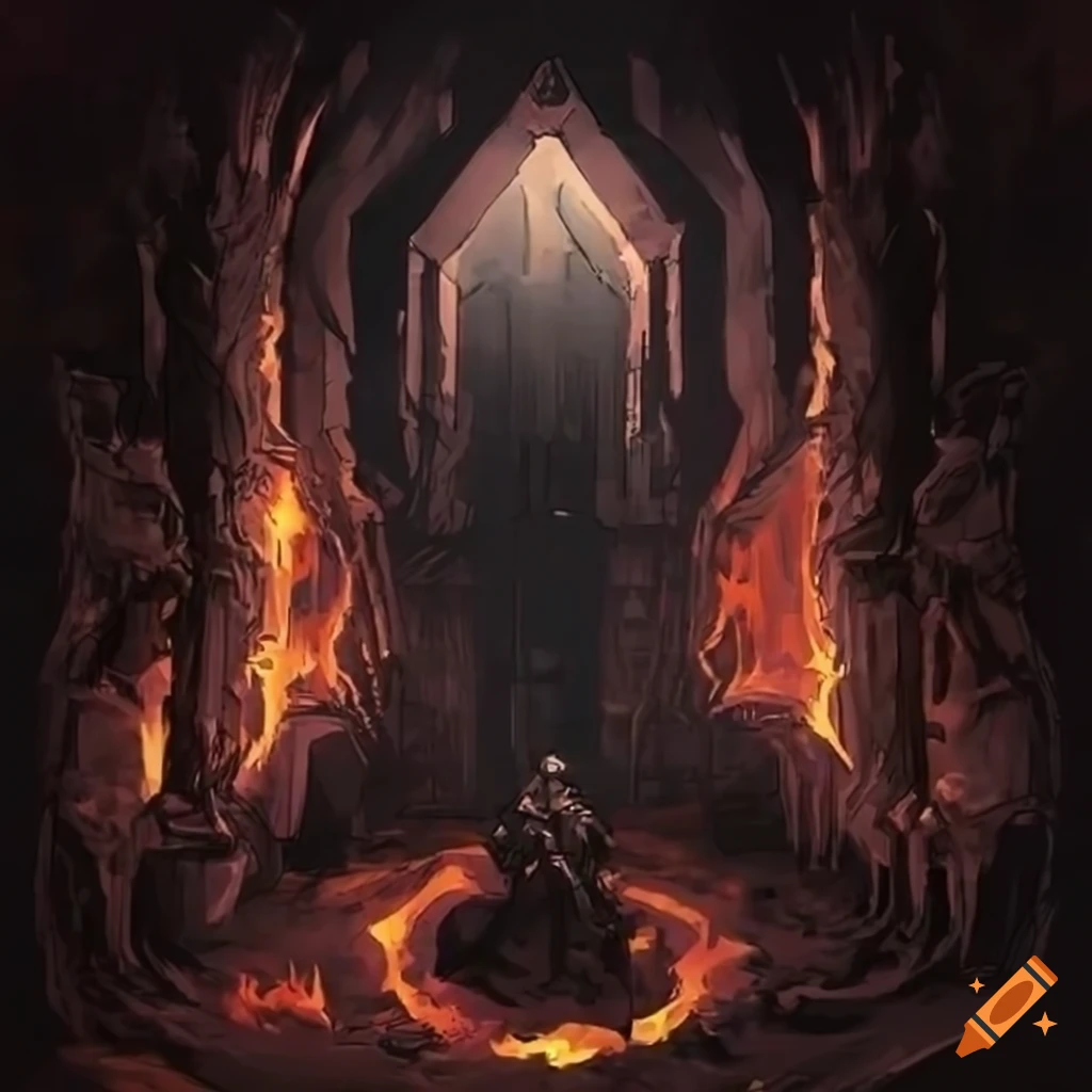 Yoji shinkawa-inspired fantasy dungeon with a fiery portal