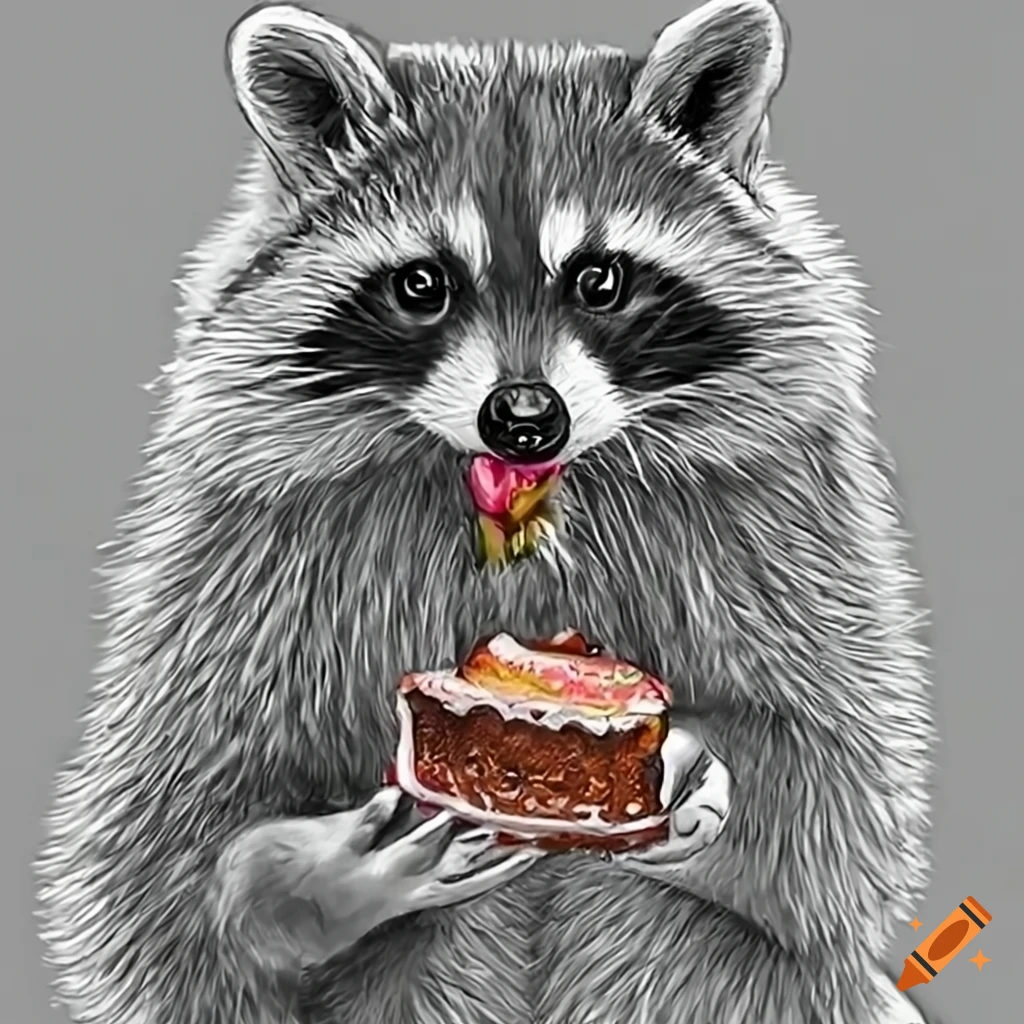 Raccoon enjoying a delicious cake on Craiyon