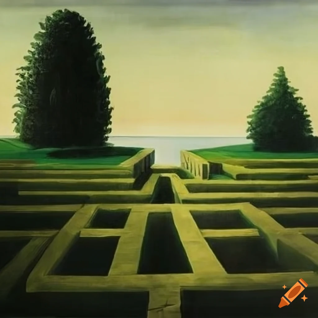 Surrealist painting of a garden maze by rene magritte
