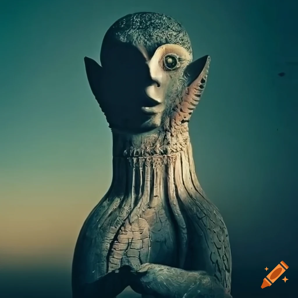 Surreal landscape with a bird statue as an idol on Craiyon