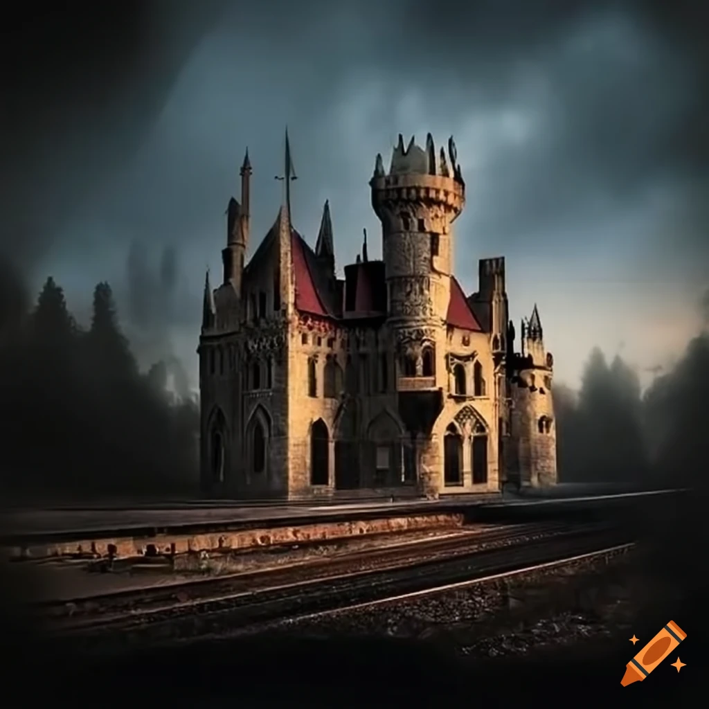 Gothic castle with a train station on Craiyon