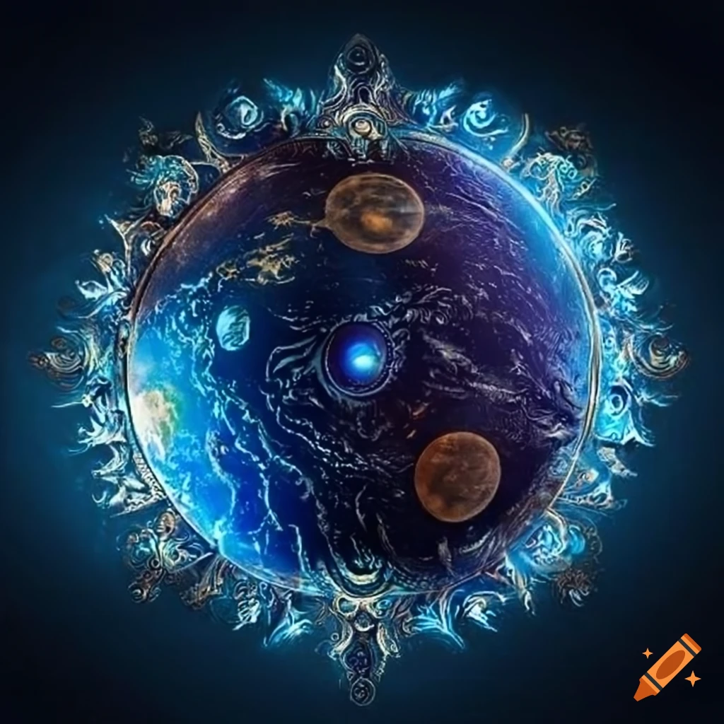 Mythical shield with symbols of nature and celestial bodies on Craiyon