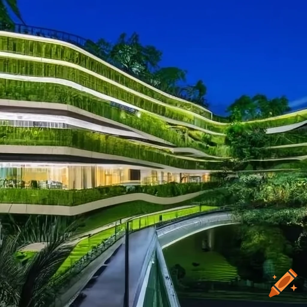 Vibrant sustainable buildings in a public square on Craiyon