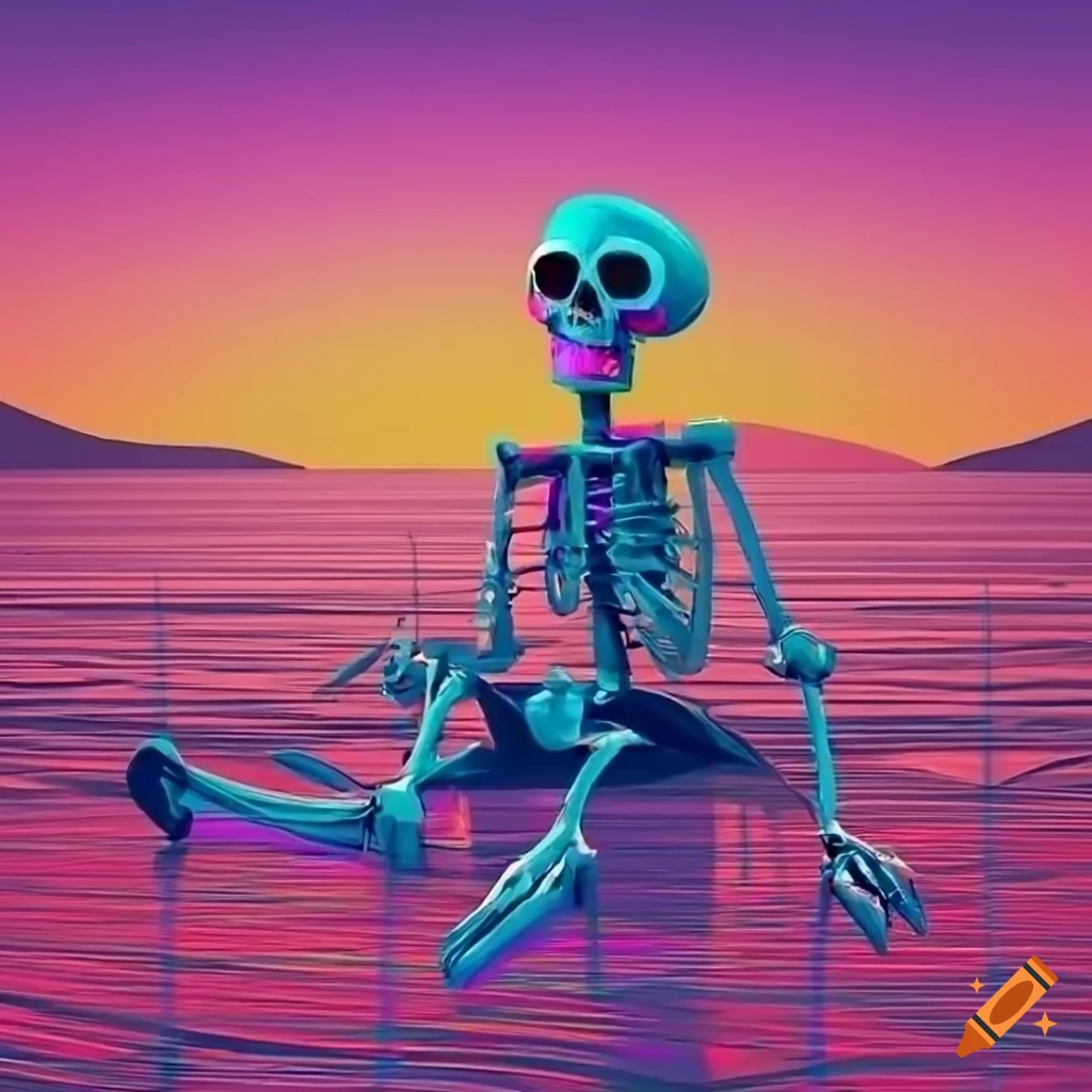 Vaporwave style skeleton enjoying sunset
