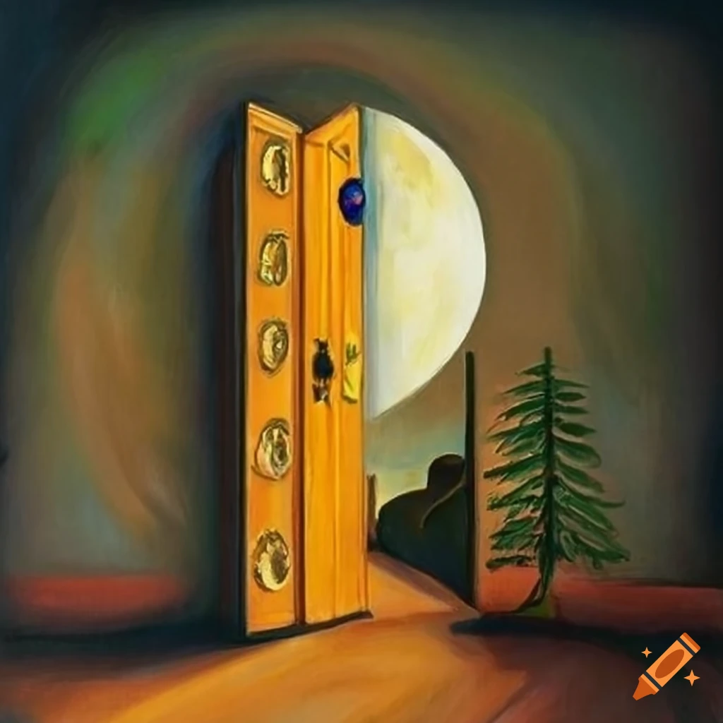 Surrealism painting with a half moon, door, and flower base character ...