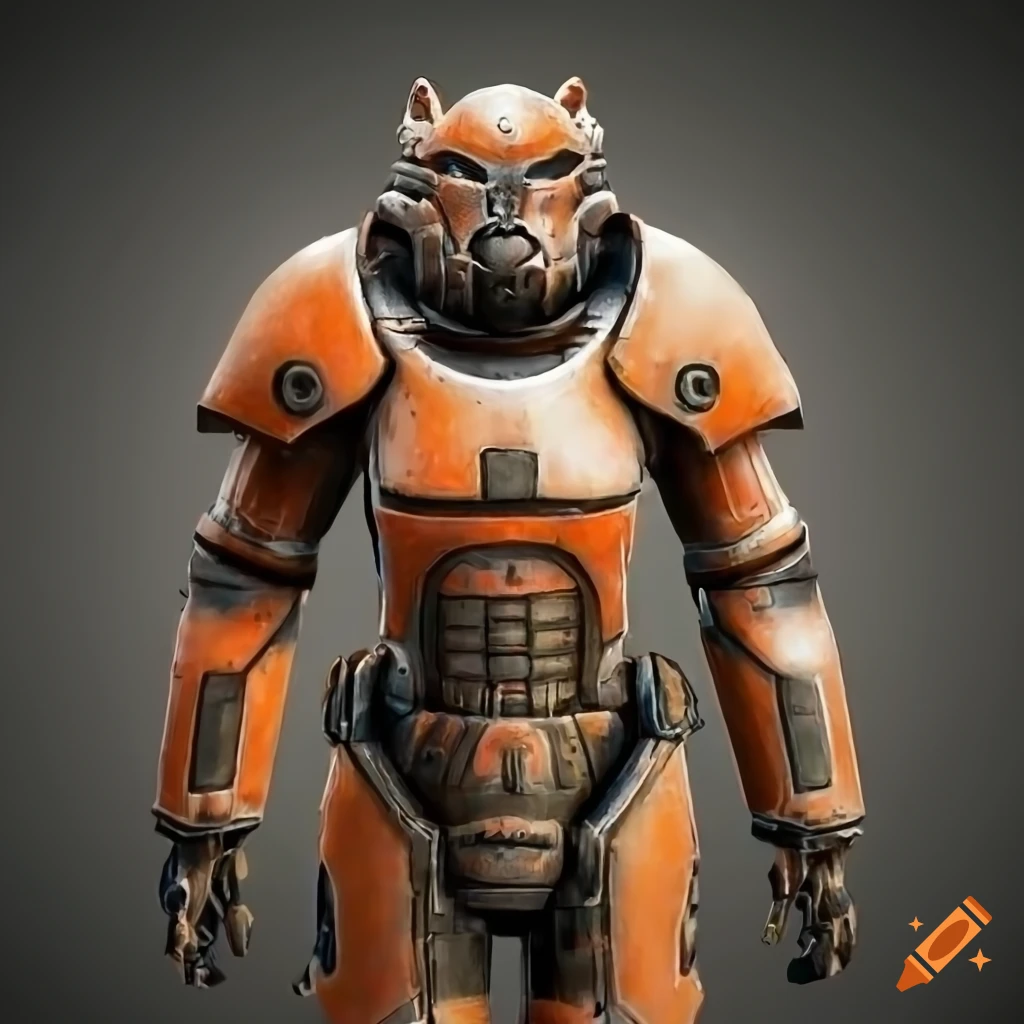 Fallout power armor with fox motif and black/orange color scheme on Craiyon