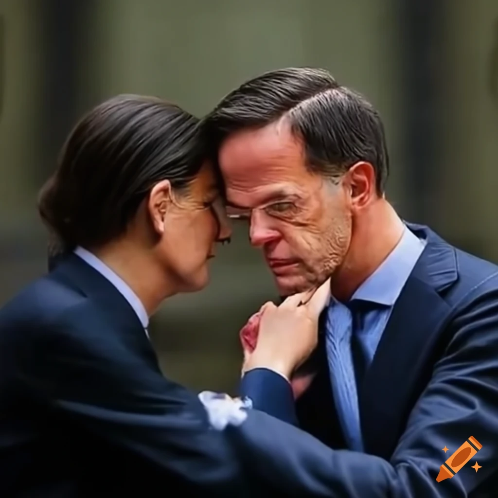 Satirical image of mark rutte kissing irma on Craiyon