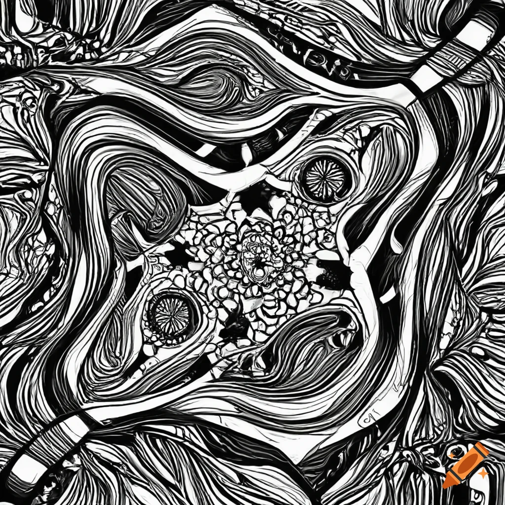 Asymmetrical detailed black and white design for coloring enthusiasts ...