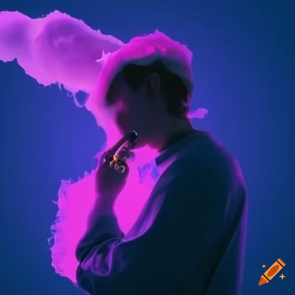 Vaporwave artwork of a faceless man smoking