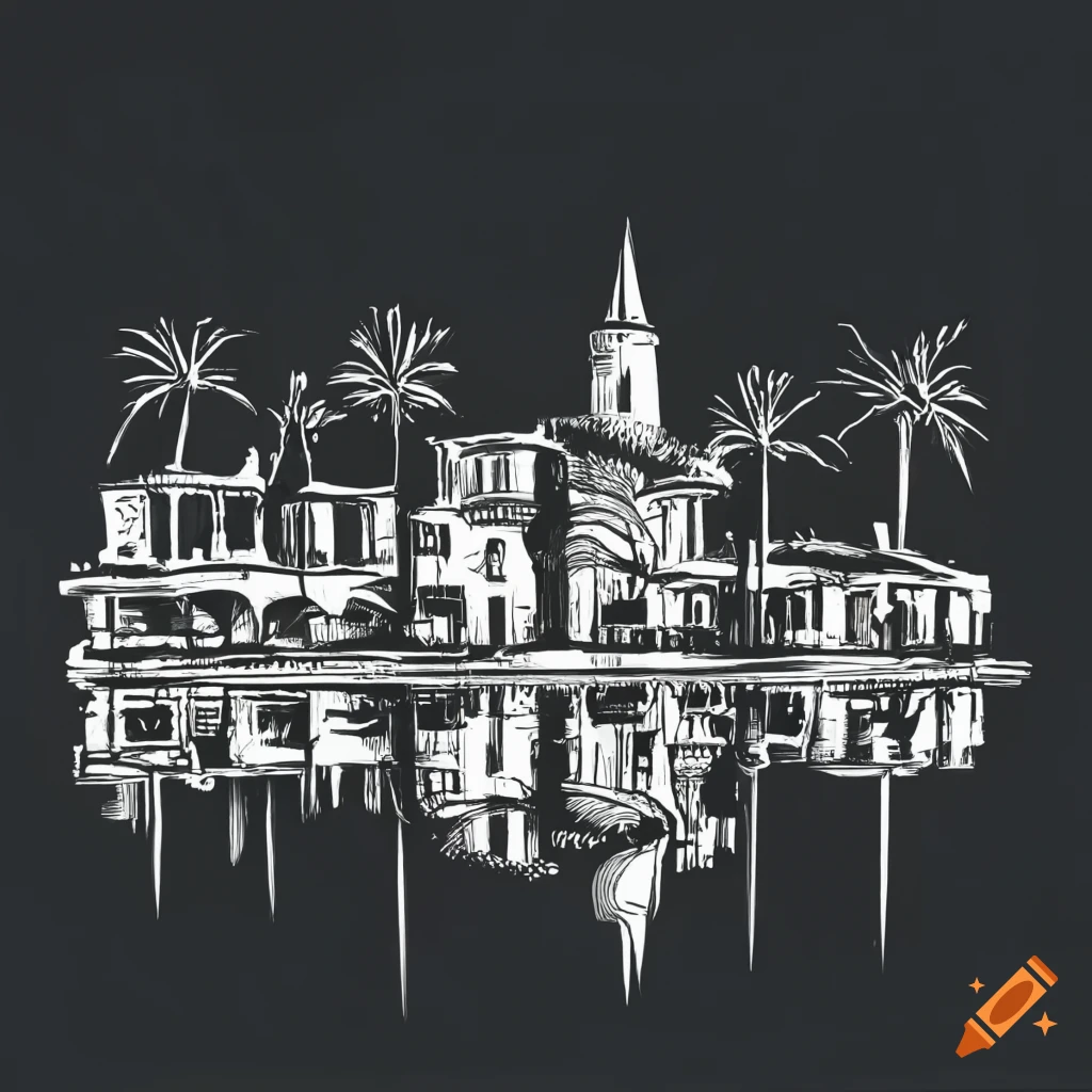 Pencil sketch of french riviera houses with palm trees and water ...