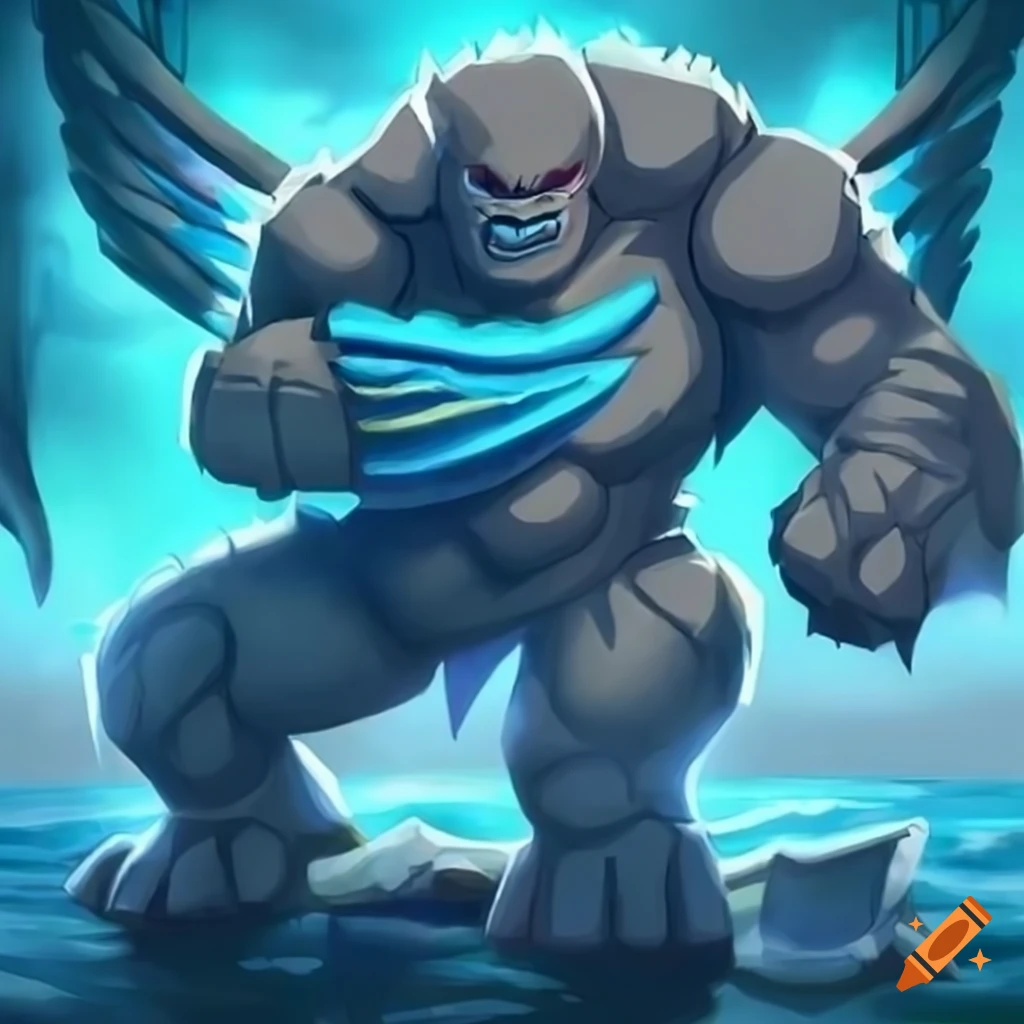 Anime artwork of a blue totem pole golem with shark features on Craiyon