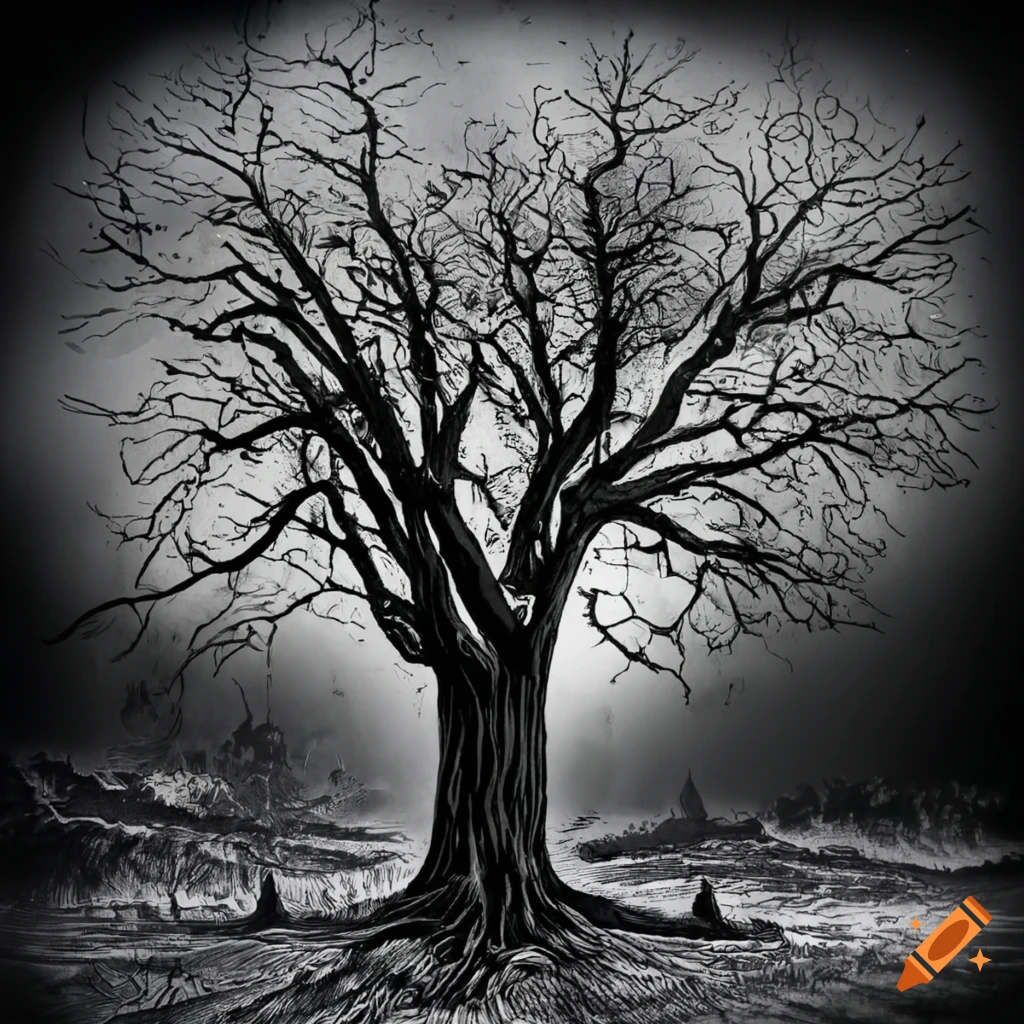 Engraving of a big tree with mysterious lights
