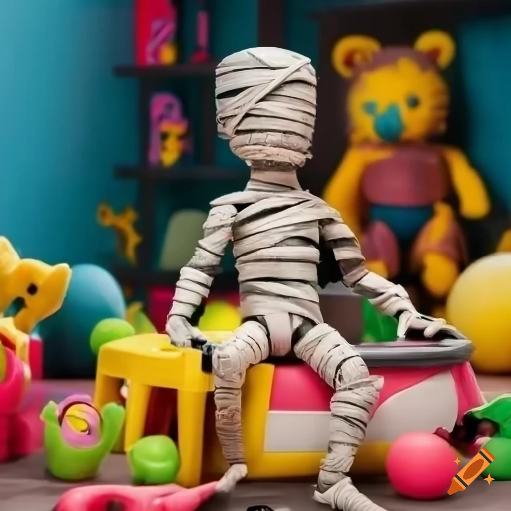 Vibrant kids room with mummy action figure and toys on Craiyon