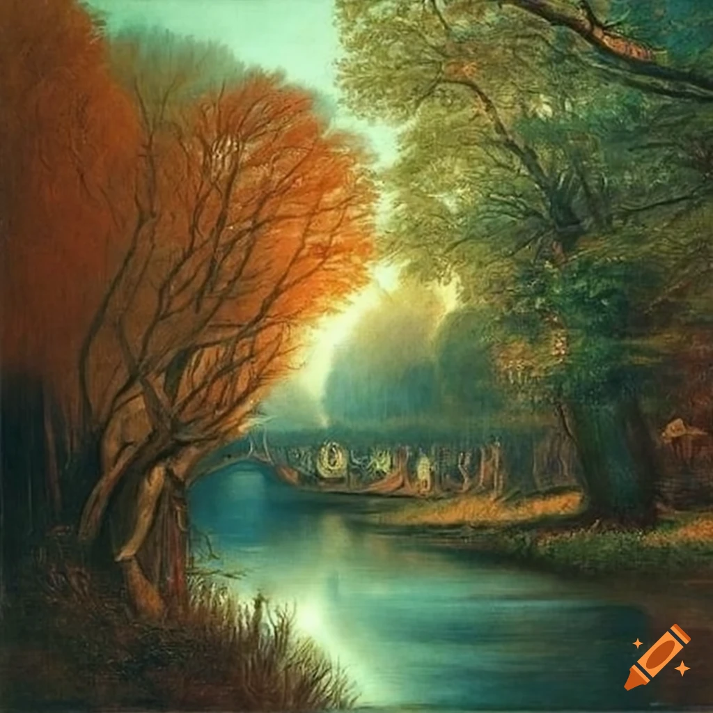 Pre-raphaelite painting of trees and a river