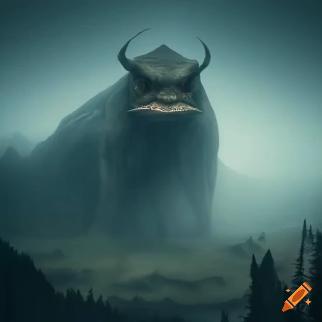 Mysterious creature hidden in fog behind mountains on Craiyon